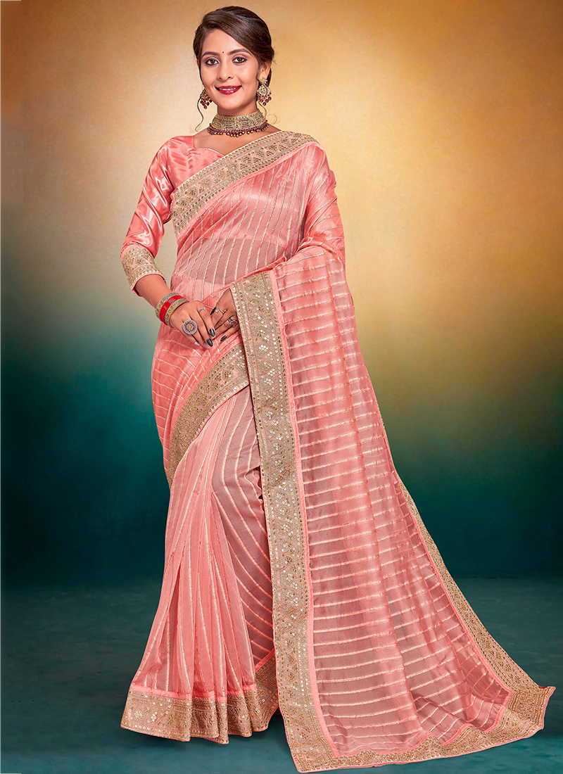 Buy Festival Wear Peach Zari Work Tissue Saree Online From Surat ...