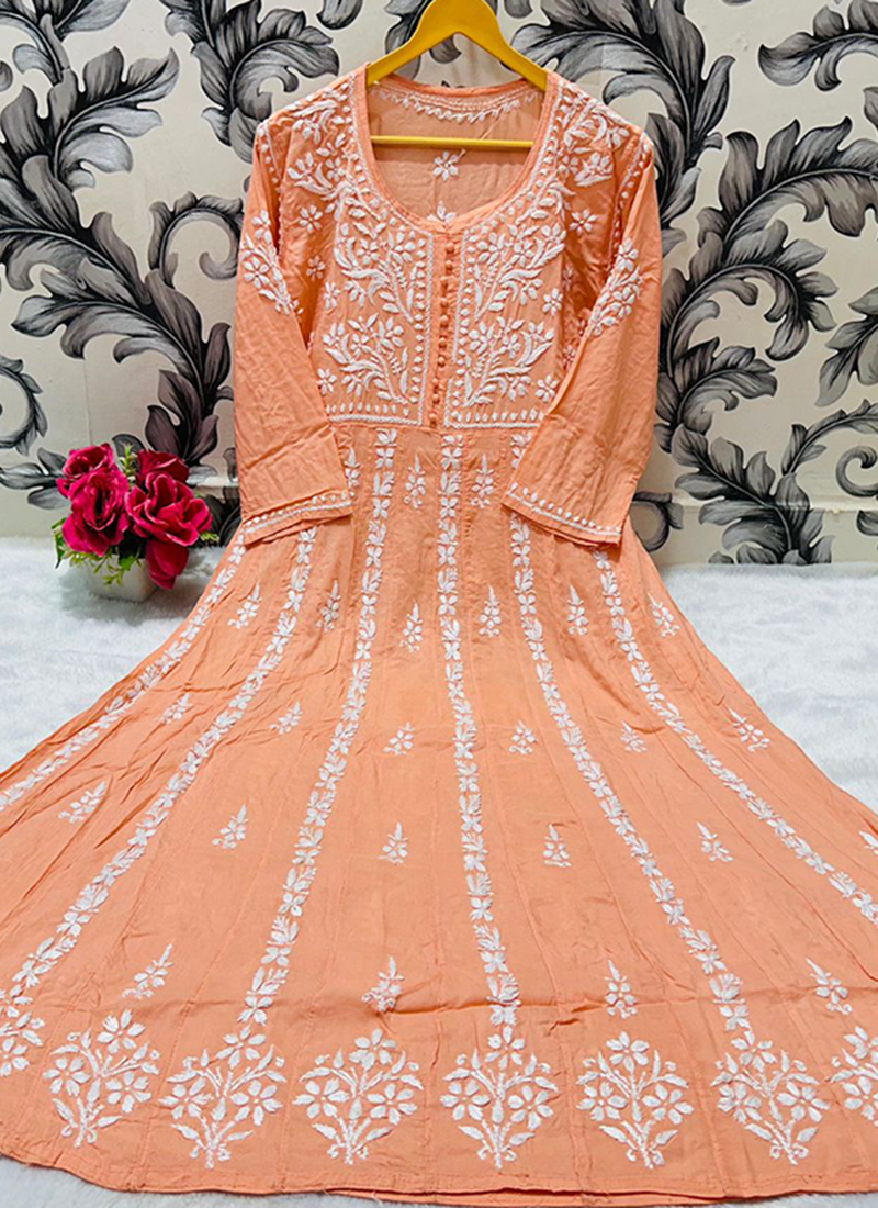 Buy Festival Wear Peach Lucknowi Work Soft Modal Gown Online From Surat ...