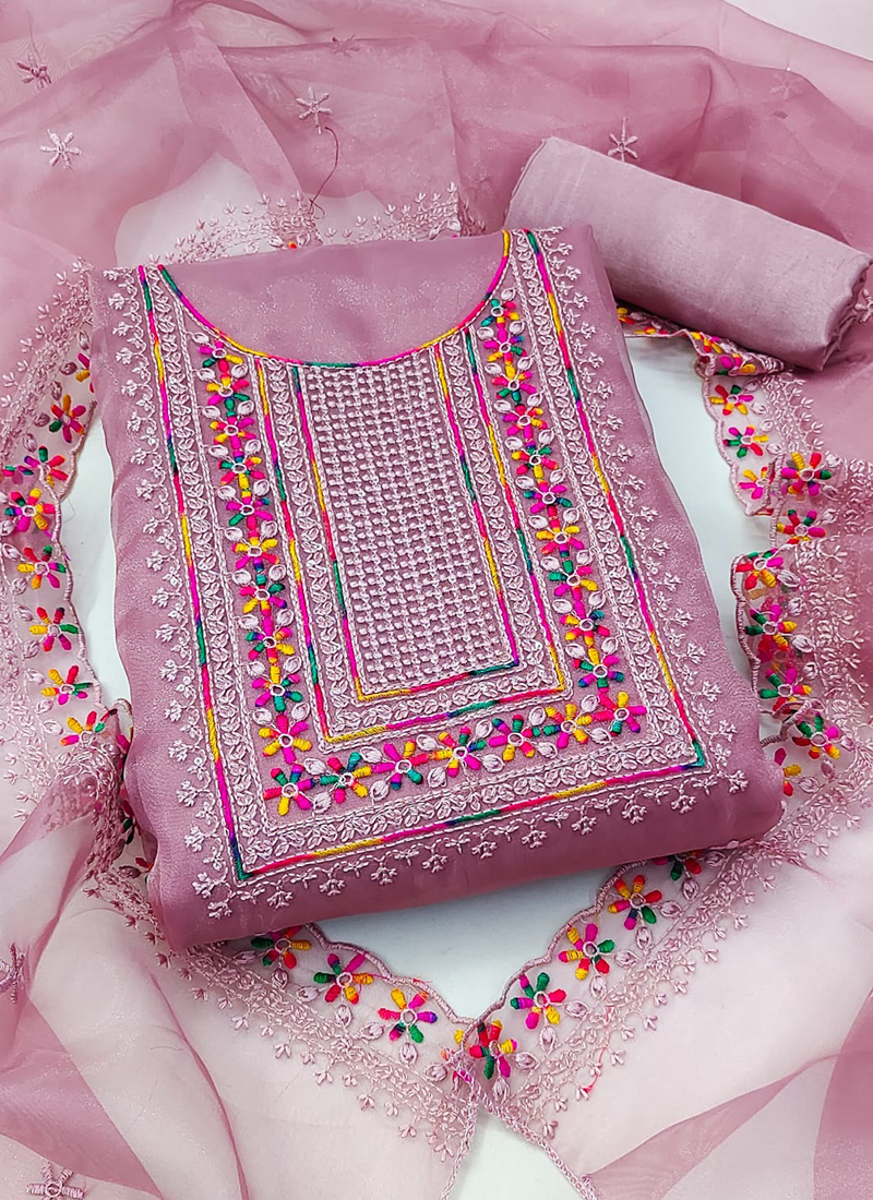 Buy Tradional Wear Pink Embroidery Work Organza Silk Dress Material ...