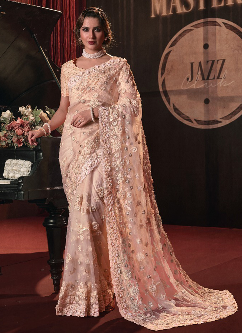Buy Reception Wear Peach Hand Work Net Saree Online From Surat ...