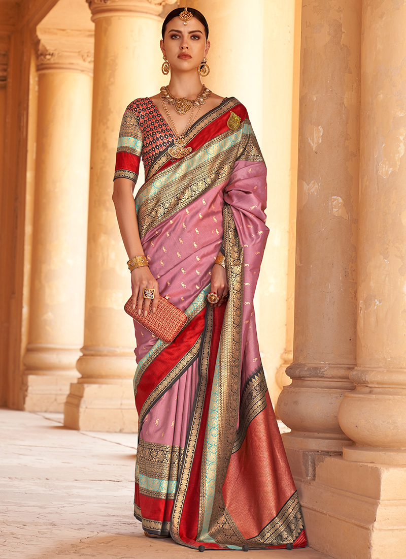 Buy Wedding Wear Light Pink Weaving Silk Saree Online From Surat ...