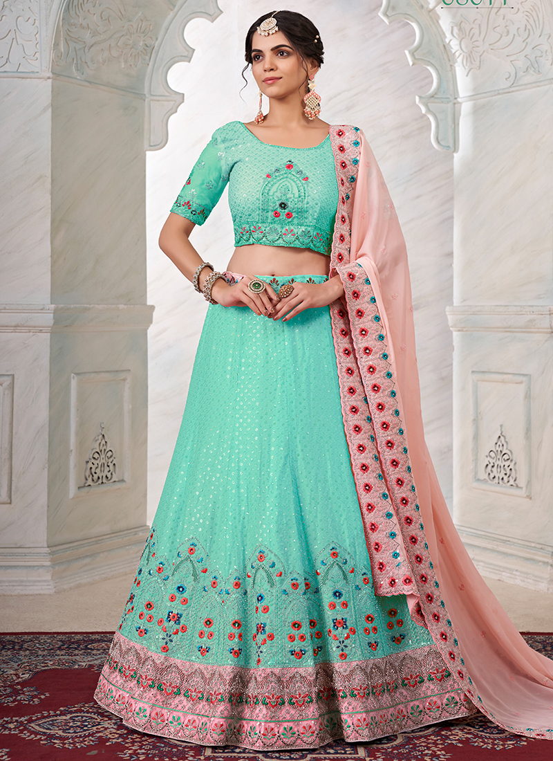 Buy Wedding Wear Turquoise Blue Thread Work Georgette Lehenga Choli ...