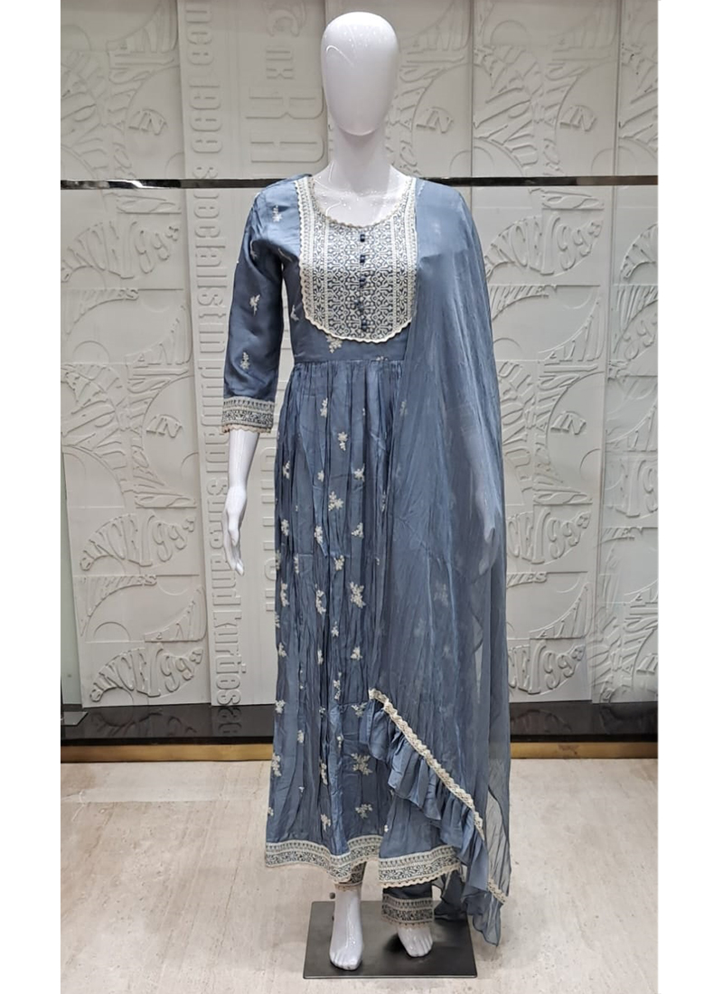 Buy Sky Blue Cotton Thread Work Traditional Wear Readymade Anarkali ...