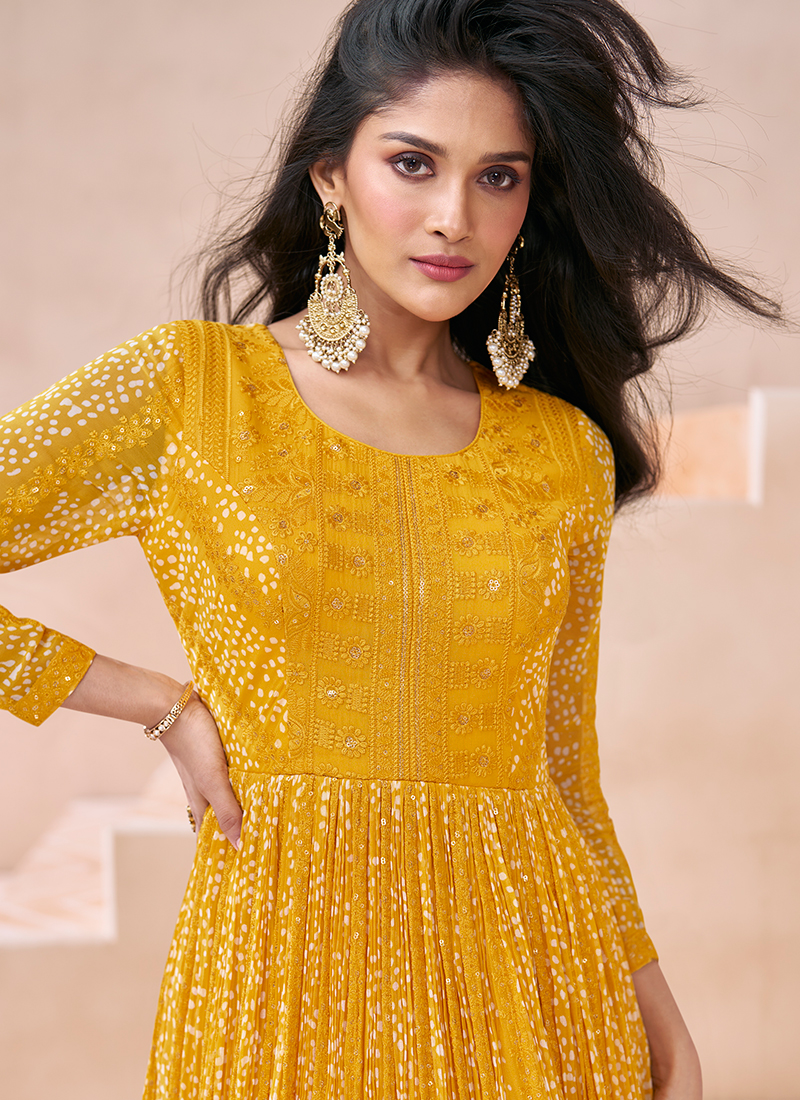 Buy Mustard Real Georgette Embroidery Work Wedding Wear Readymade Gown ...