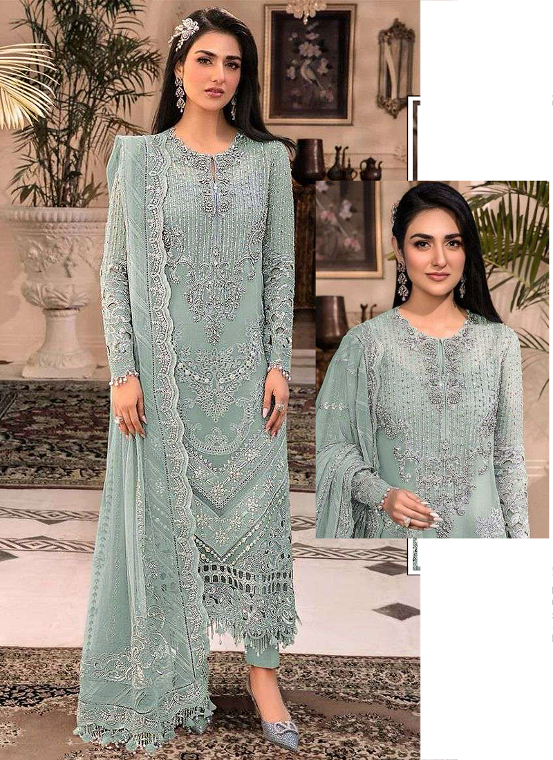 Buy Pista Green Faux Georgette Embroidery Work Eid Wear Pakistani Suit ...