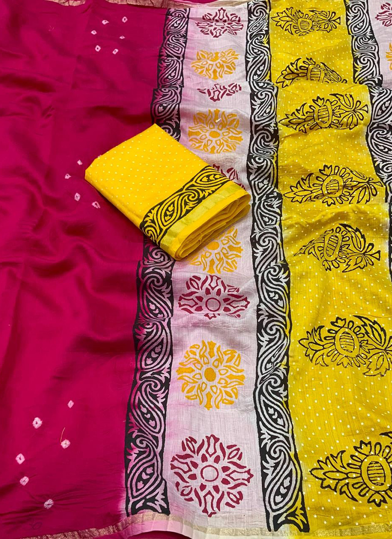 Buy Rani Pink Soft Pure Chanderi Bandhani Print Traditional Wear Saree ...