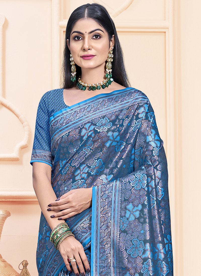 Buy Sky Blue Sattin Silk Weaving Festival Wear Saree Online From Surat ...
