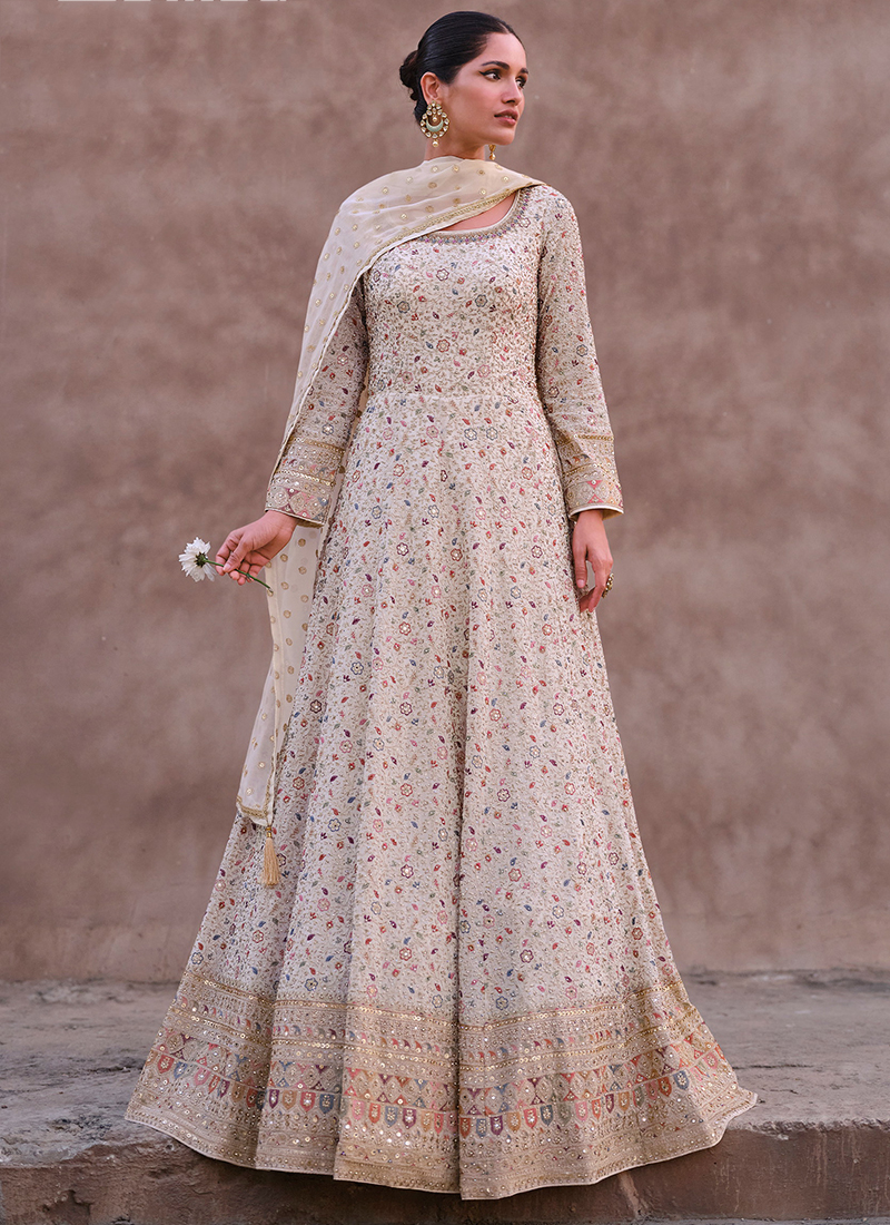 Buy Cream Georgette Sequins Work Wedding Wear Readymade Gown With ...