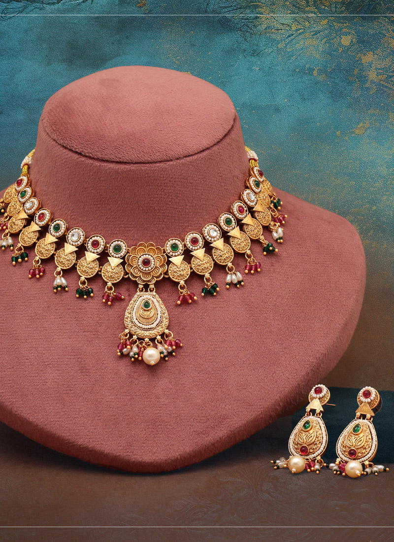 Rani & Green Color Matte Gold Rajwadi Temple Necklace Set Catalog