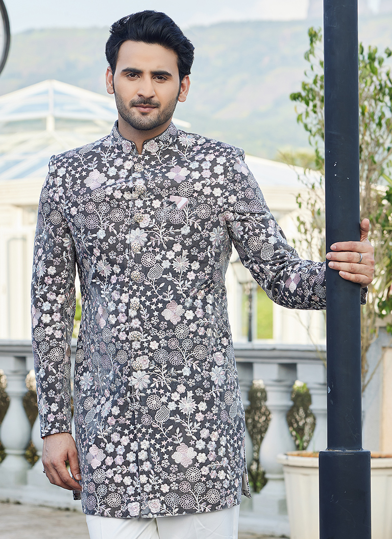 Buy Grey Velvet Thread Work Wedding Wear Readymade Jodhpuri Suit Online ...