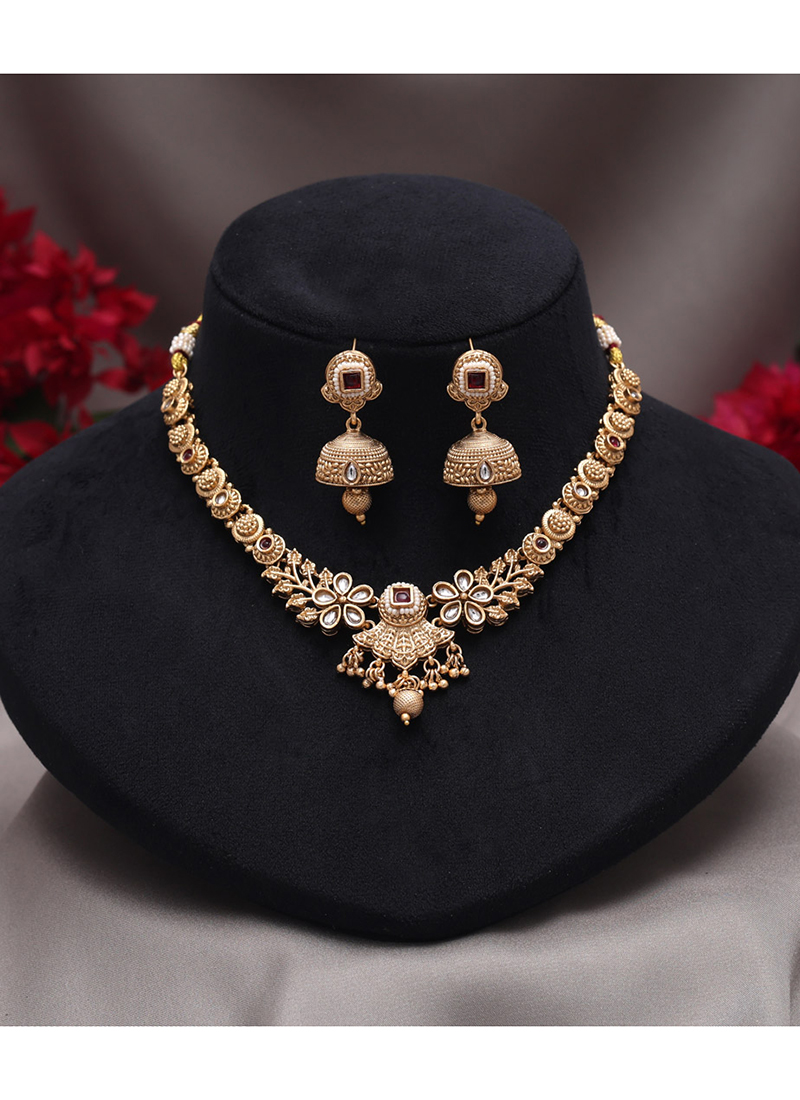 Gold Color Matte Gold Rajwadi Temple Necklace Set Catalog