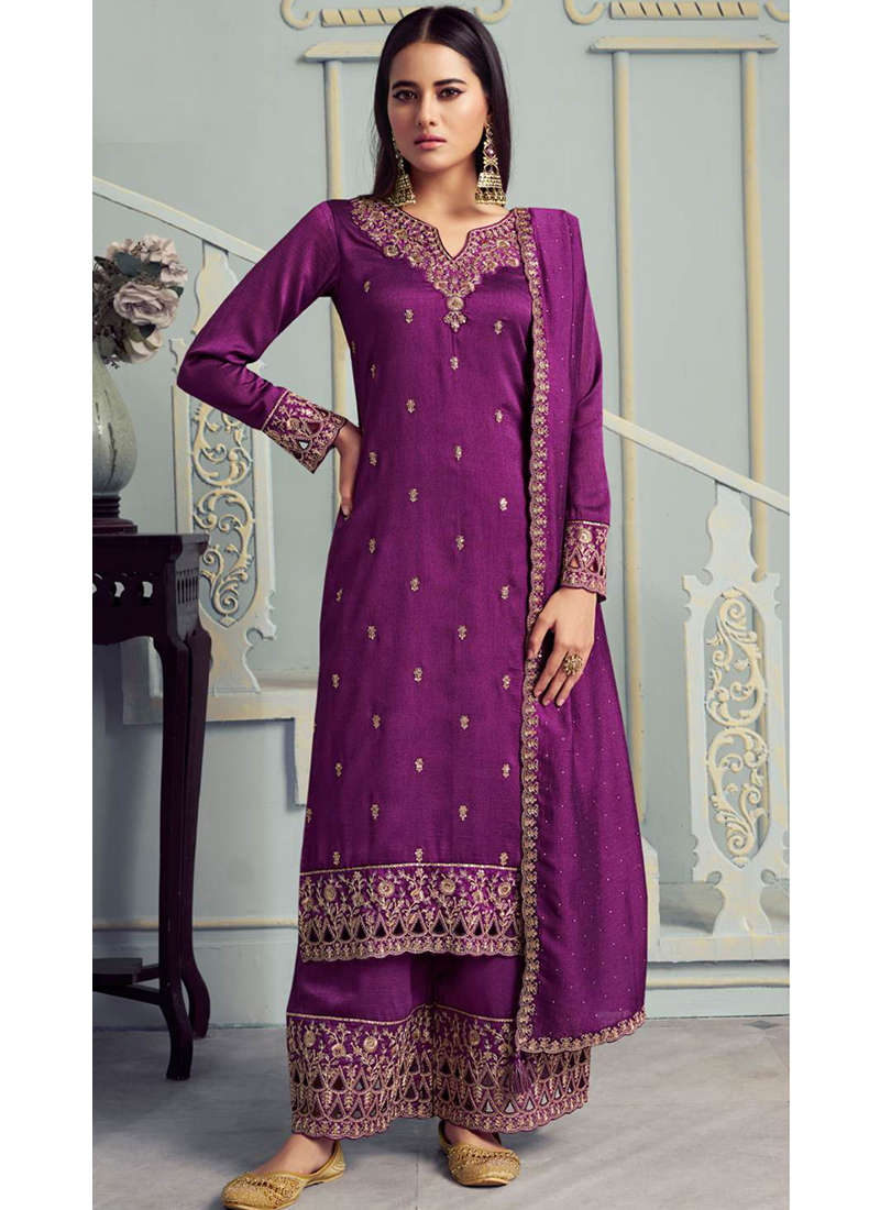 Buy Magenta Silk Georgette Embroidery Work Party Wear Plazzo Suit ...