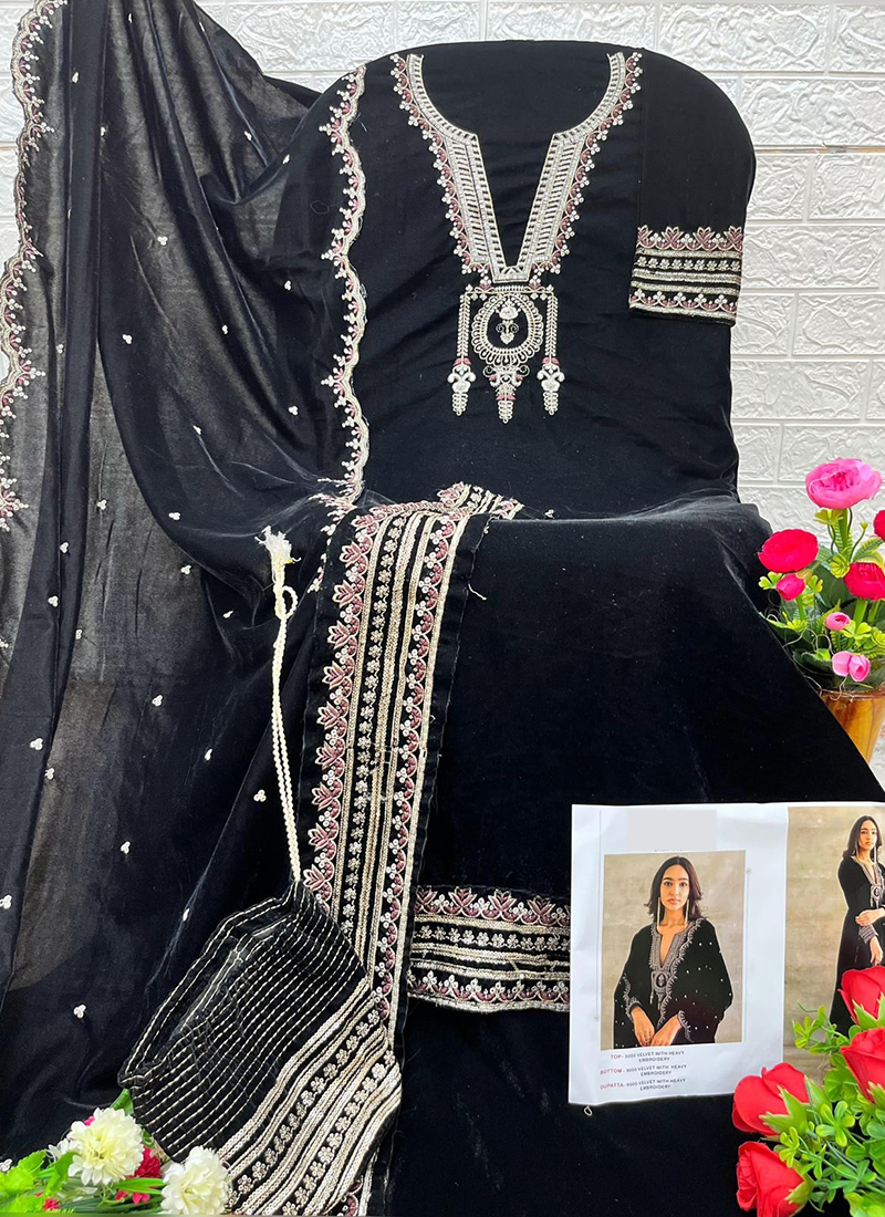 Buy Black Velvet Embroidery Work Eid Wear Pakistani Suit Online From ...