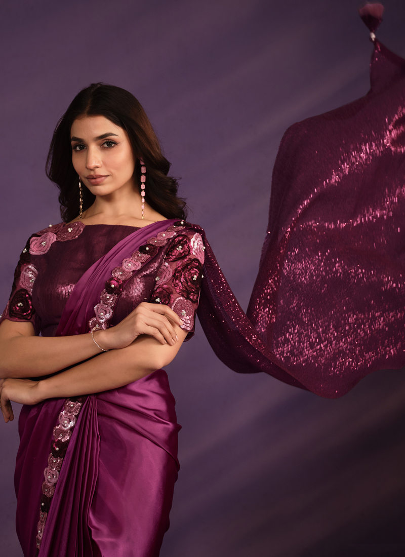 Buy Party Wear Wine Sequence Work Crepe Sttin Silk Ready To Wear Saree ...