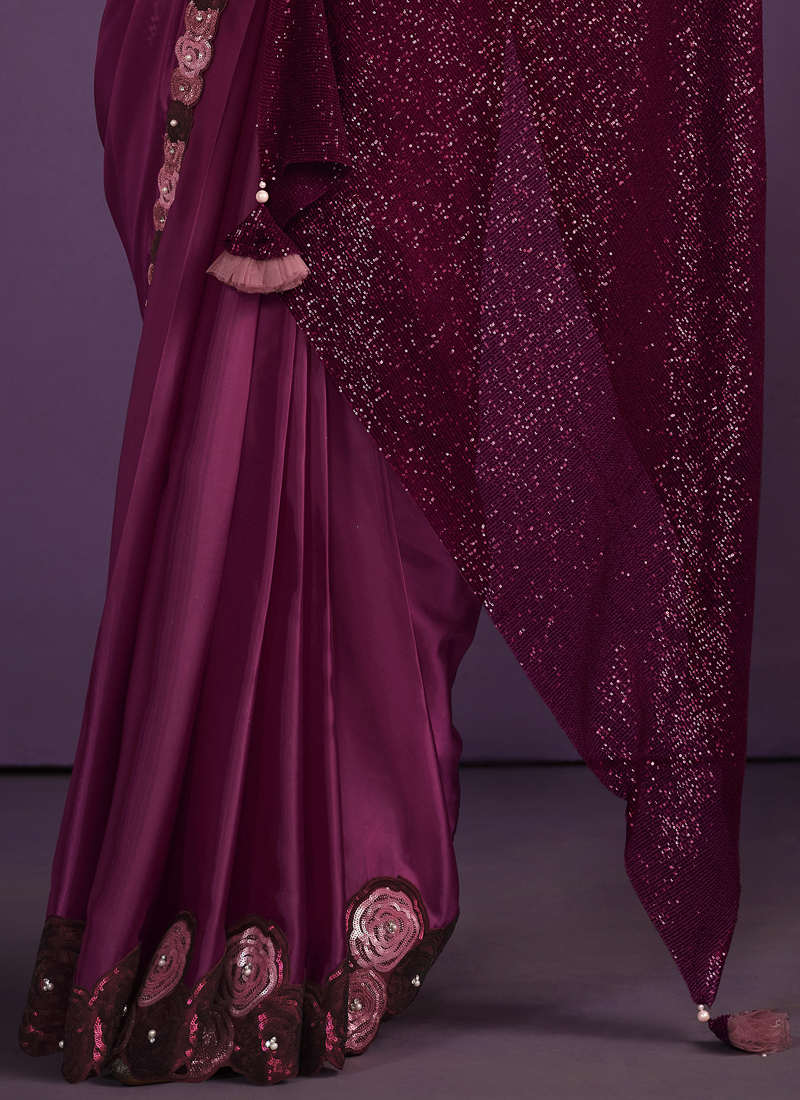 Buy Party Wear Wine Sequence Work Crepe Sttin Silk Ready To Wear Saree ...