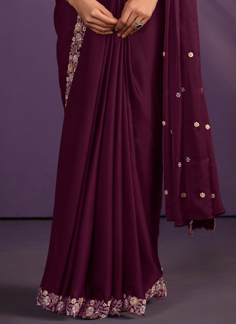 Buy Party Wear Wine Sequence Work Crepe Sttin Silk Ready To Wear Saree ...