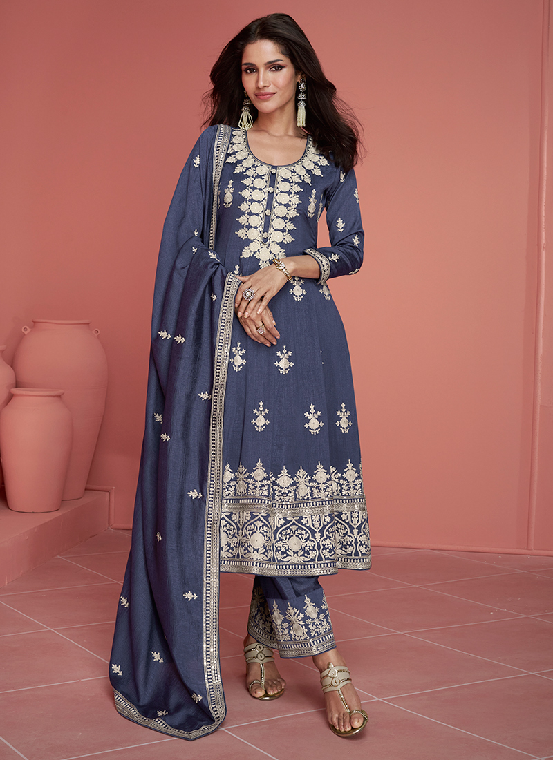 Buy Blue Premium Silk Embroidery Work Eid Wear Readymade Salwar Suit ...