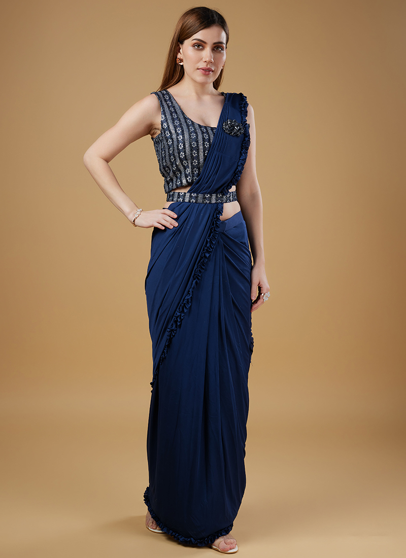 Buy Party Wear Blue Embroidery Work Imported Fabric Ready to Wear Saree ...