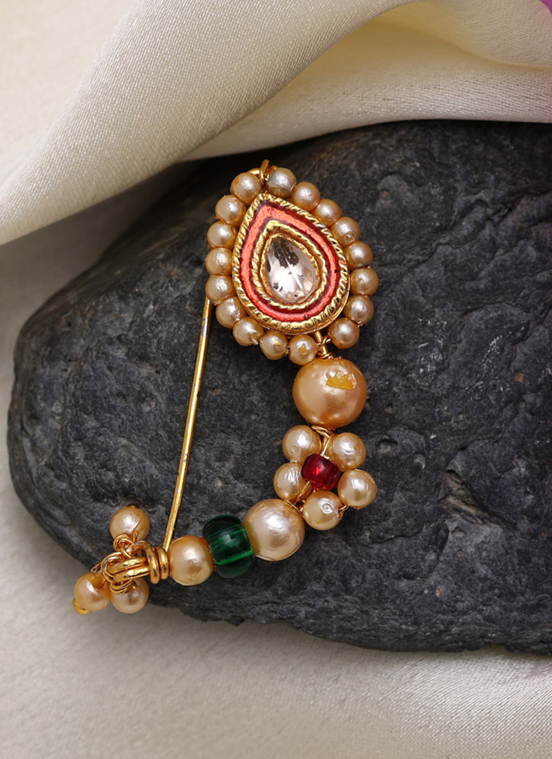 Maroon Green Maharashtrian Style Pearl Nose Pin Catalog