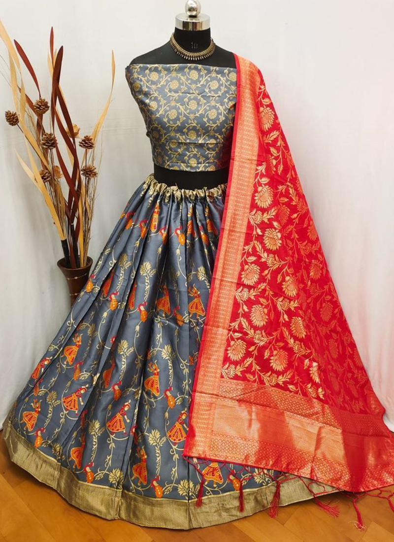 Buy Grey Heavy Brocade Embroidery Work Wedding Wear Lehenga Choli( Only ...