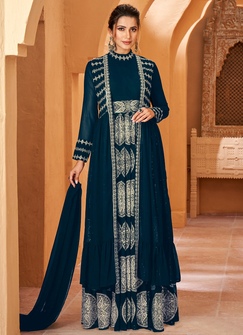 Buy Prussian Blue Real Georgette Sequins Work Wedding Wear Anarkali ...