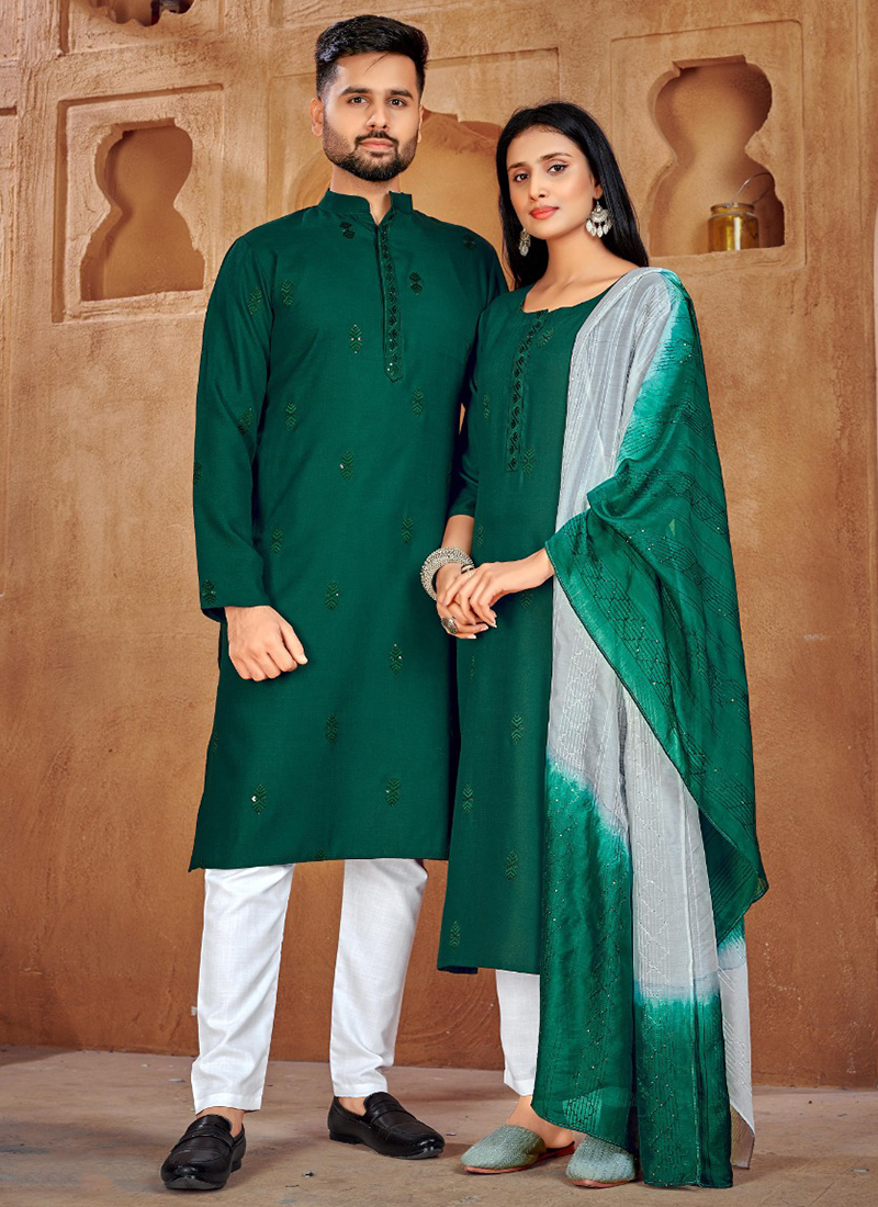 Buy Green Pure Cotton Embroidery Work Traditional Wear Readymade Combo ...