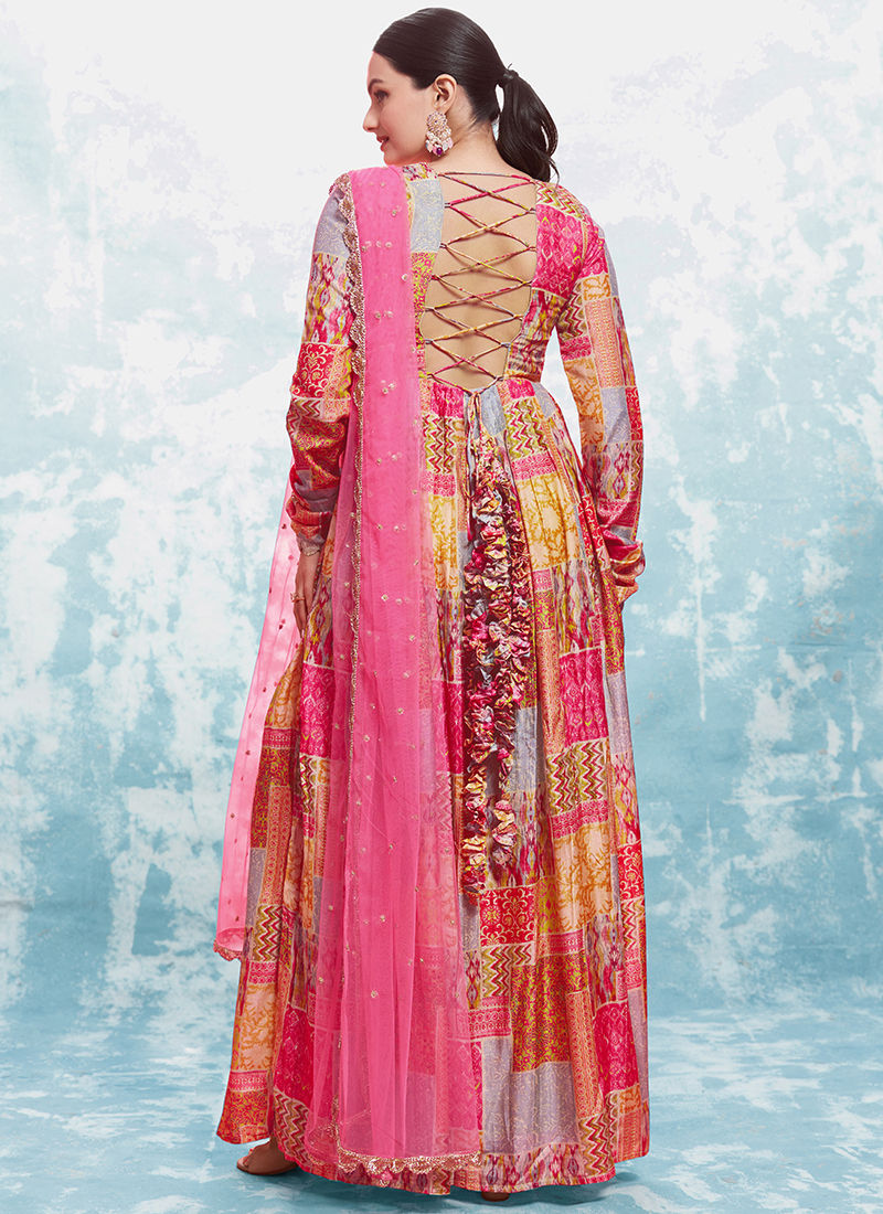 Buy Pink Muslin Printed Party Wear Readymade Gown Online From Surat ...
