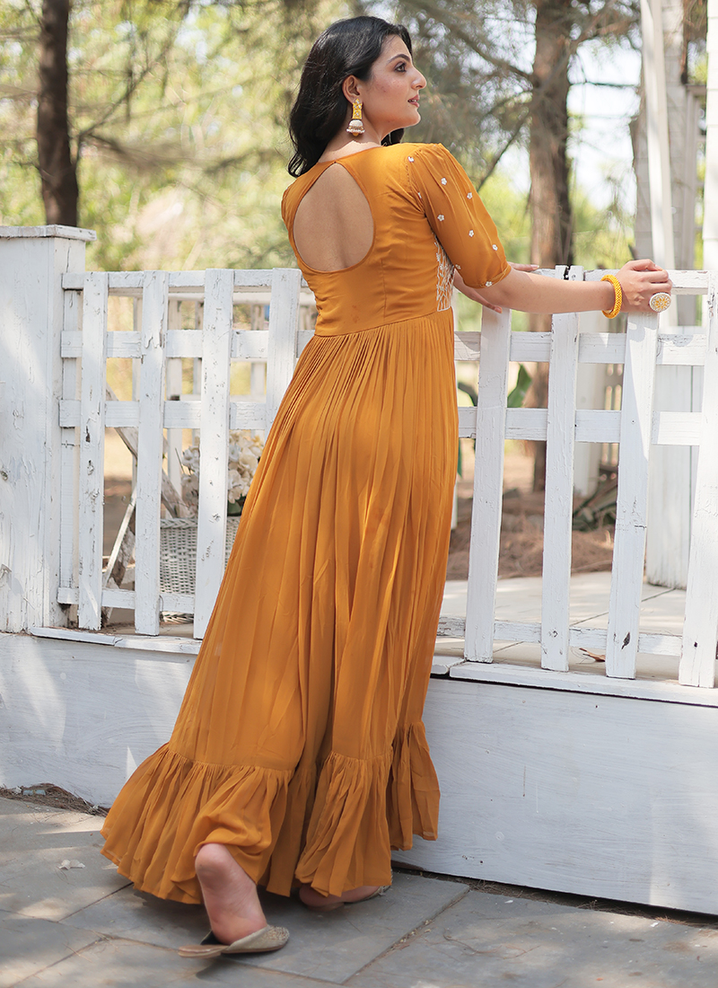 Buy Mustard Faux Georgette Embroidery Work Party Wear Readymade Gown ...