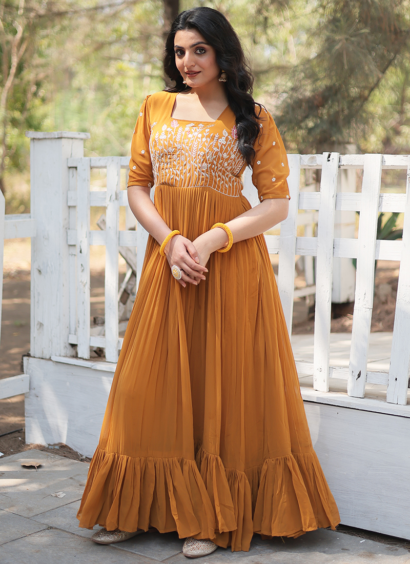 Buy Mustard Faux Georgette Embroidery Work Party Wear Readymade Gown ...