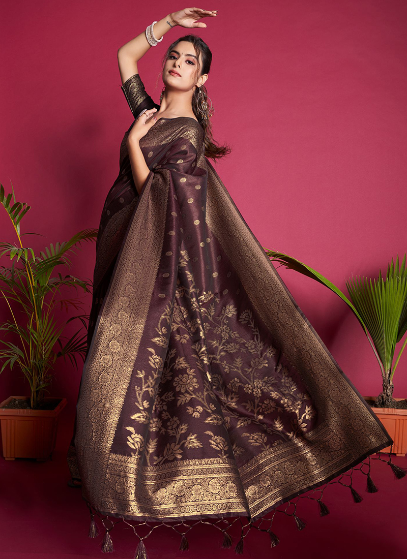 Buy Wine Banarasi Raw Silk Weaving Festival Wear Saree Online From ...