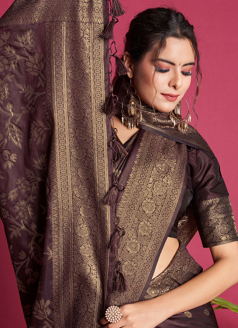 Buy Wine Banarasi Raw Silk Weaving Festival Wear Saree Online From ...