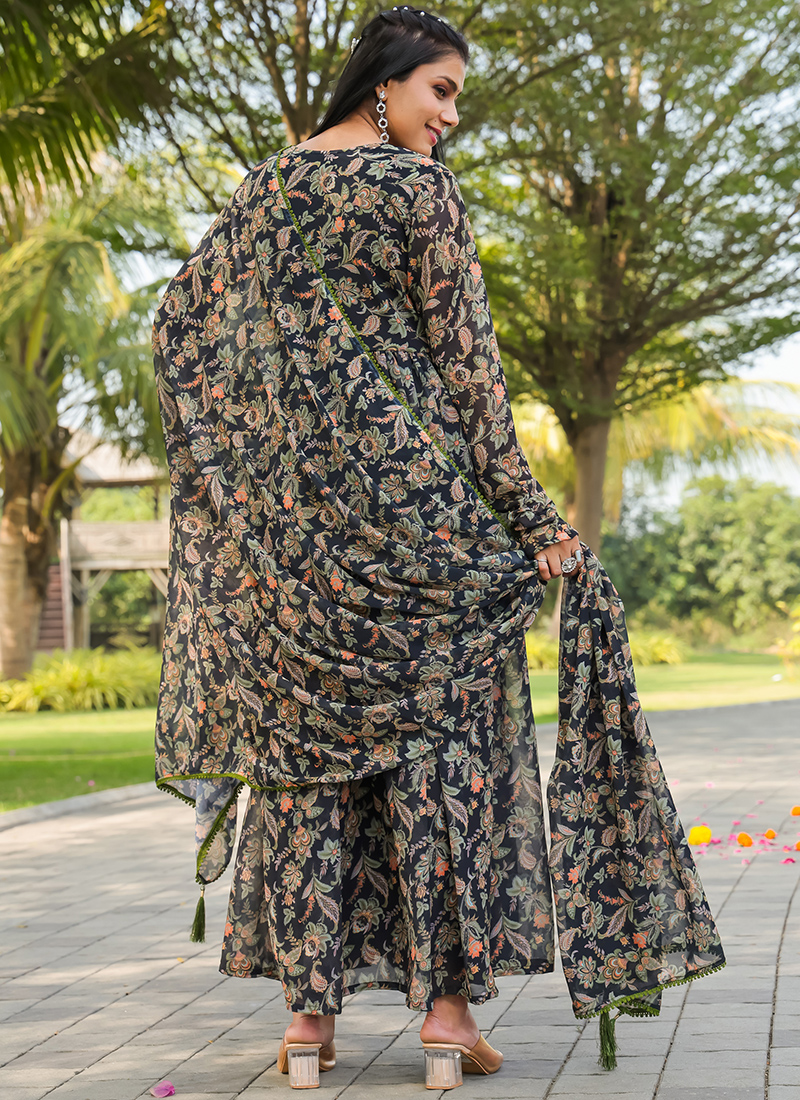 Buy Black Georgette Printed Festival Wear Gown With Dupatta Online From ...