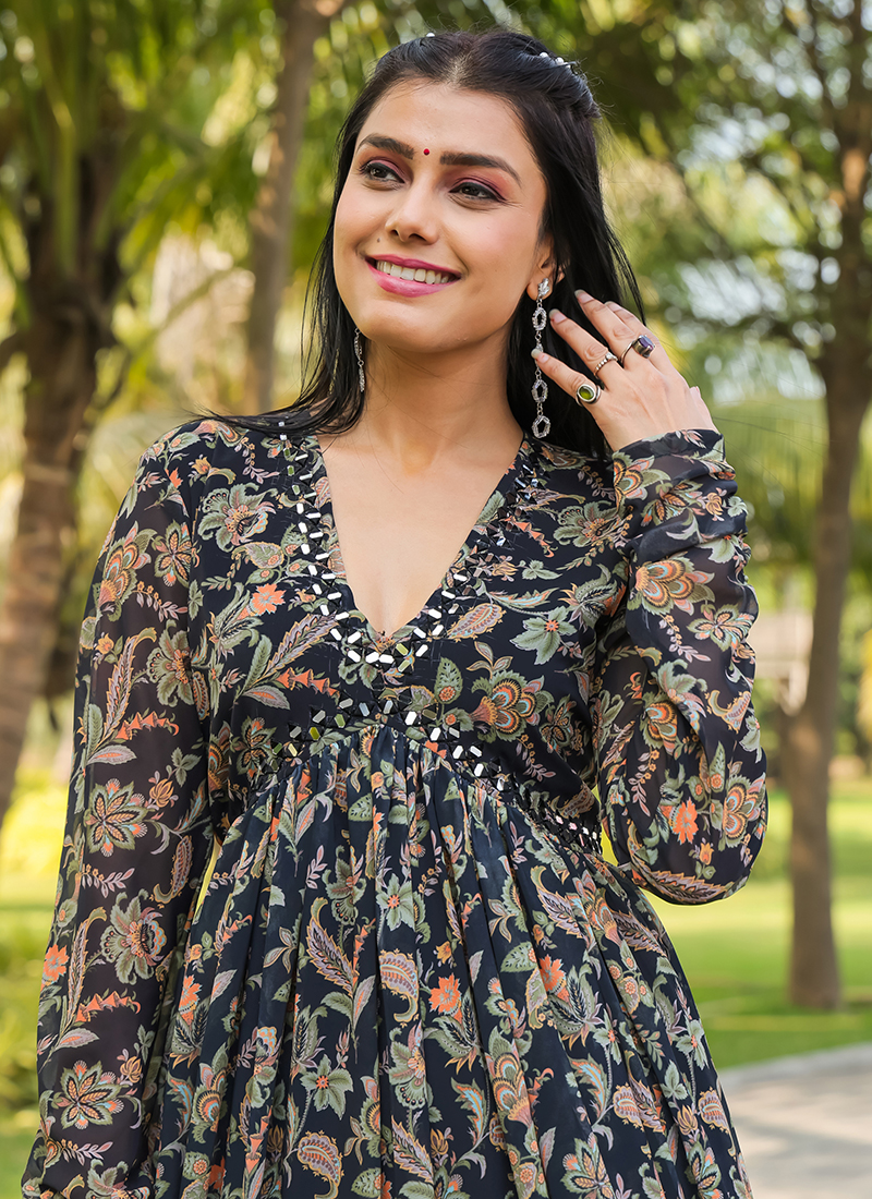 Buy Black Georgette Printed Festival Wear Gown With Dupatta Online From ...