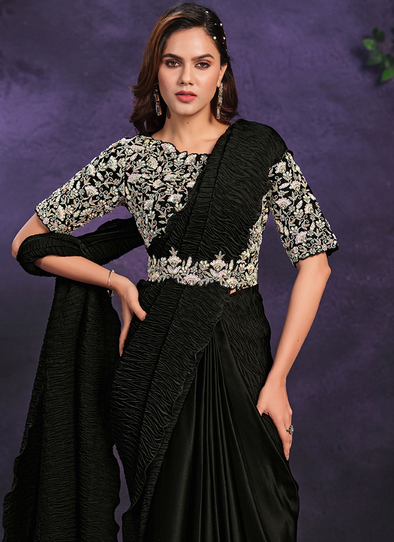 Buy Black Crape Satin Sequence Work Party Wear Saree Online From Surat ...