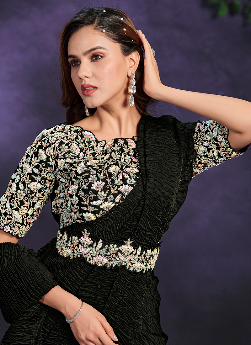 Buy Black Crape Satin Sequence Work Party Wear Saree Online From Surat ...