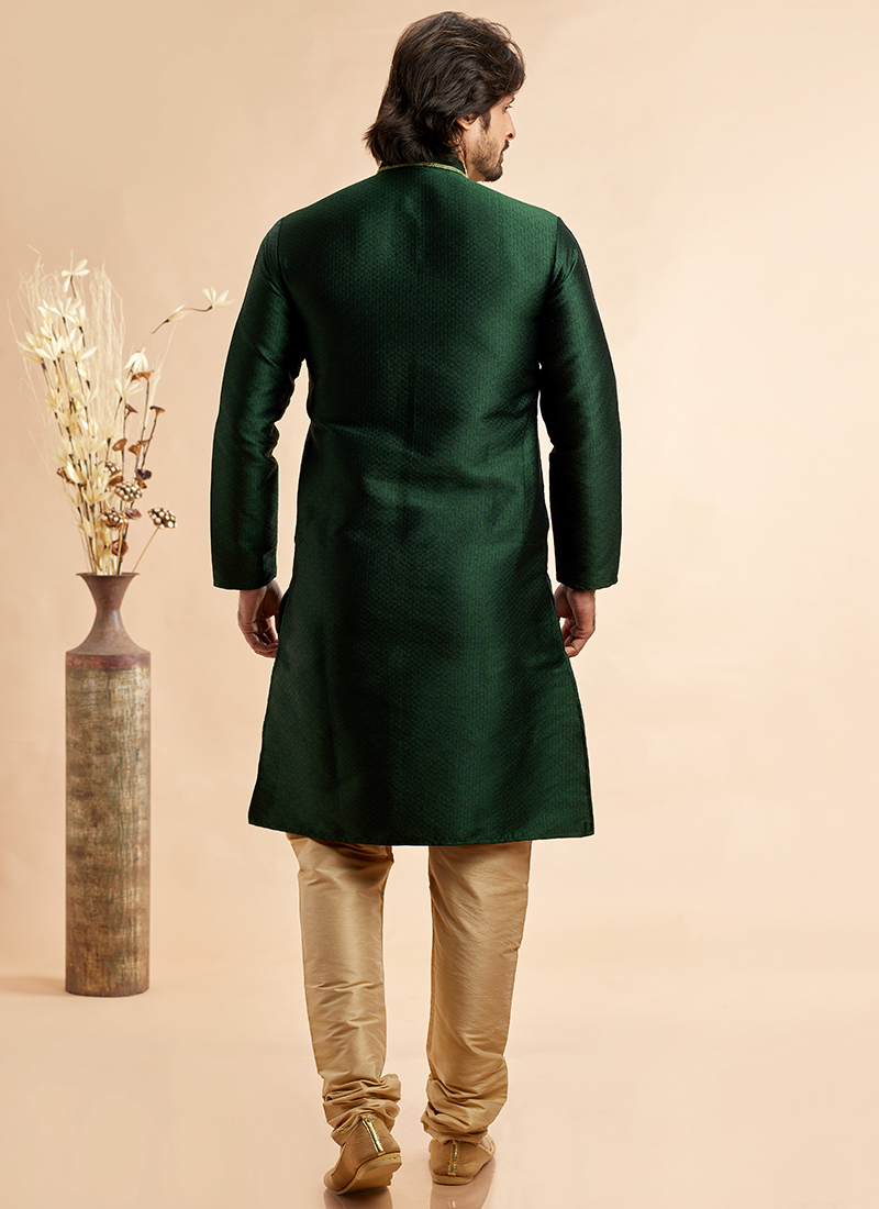 Buy Green Jacquard Art Silk Machine Work Festival Wear Readymade Kurta ...