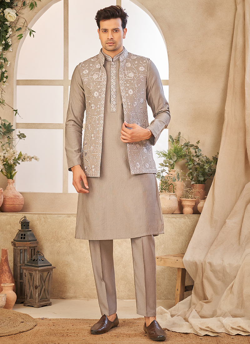 Buy Grey Art Silk Embroidery Work Wedding Wear Readymade Kurta Pajama ...