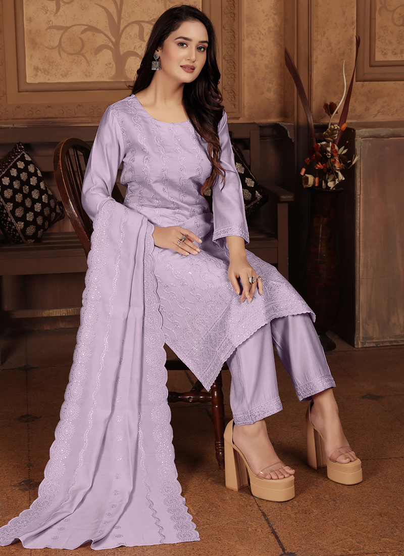 Buy Lilac Peri Chanderi Embroidery Work Traditional Wear Readymade ...