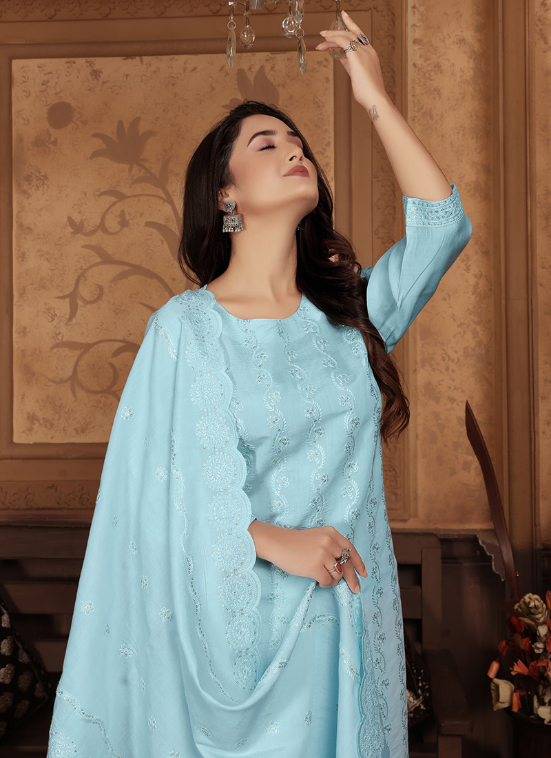 Buy Sky Blue Peri Chanderi Embroidery Work Traditional Wear Readymade ...