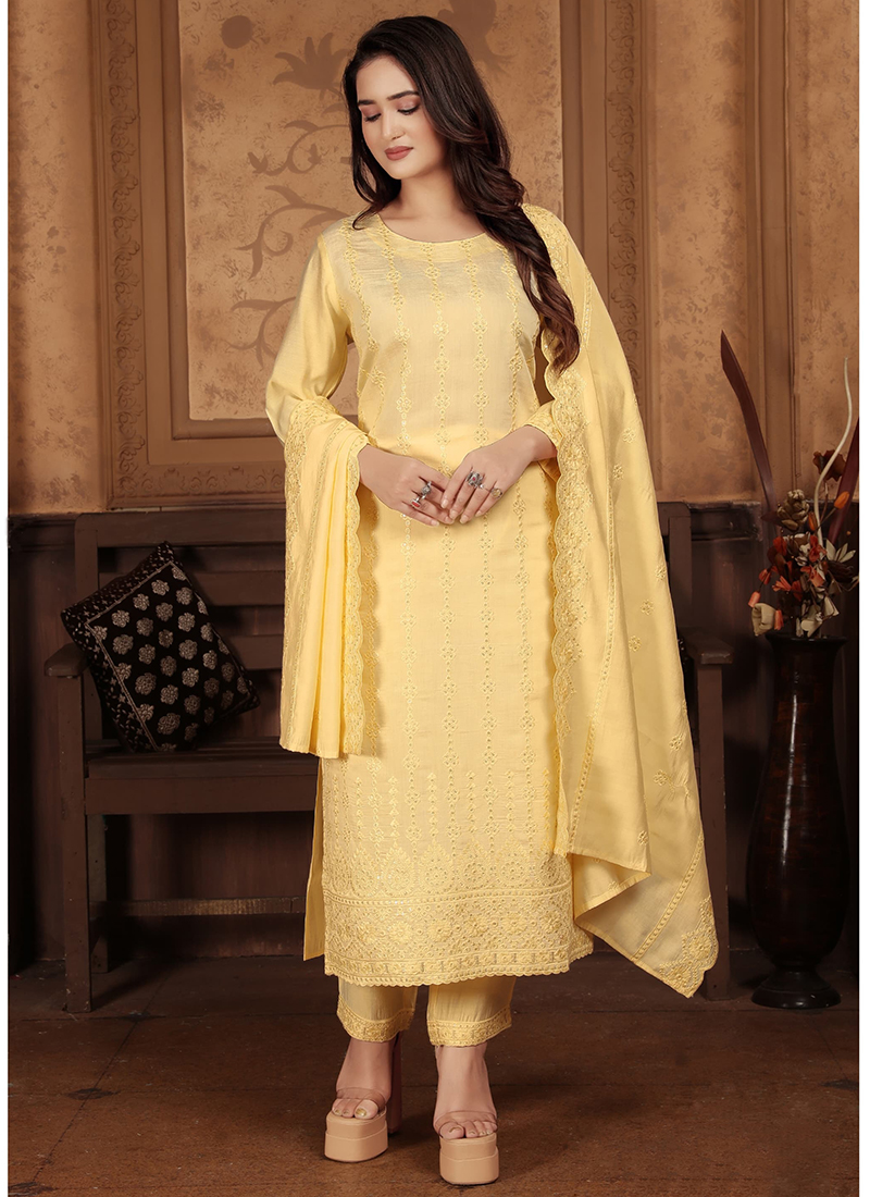 Buy Yellow Peri Chanderi Embroidery Work Traditional Wear Readymade ...