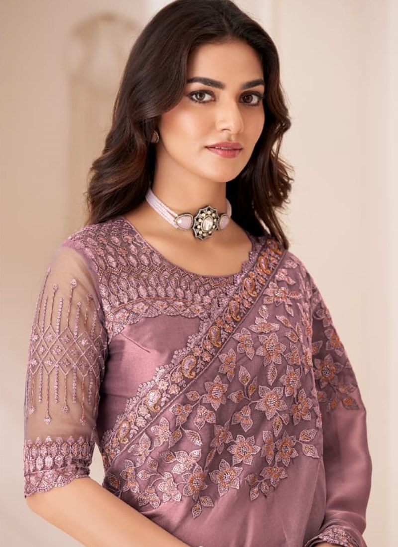 Buy Pink Sattin Silk Embroidery Work Party Wear Saree Online From Surat ...