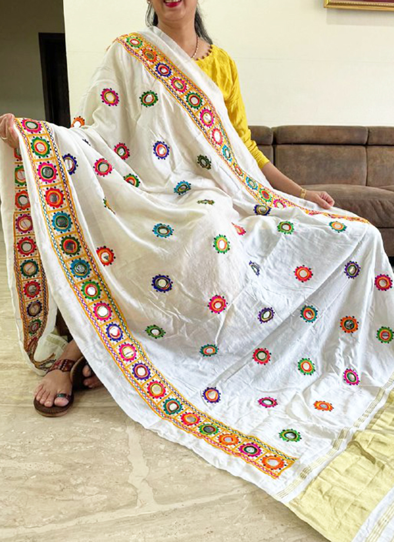Buy White Silk Embroidery Work Navratri Wear Dupatta Online From Surat ...