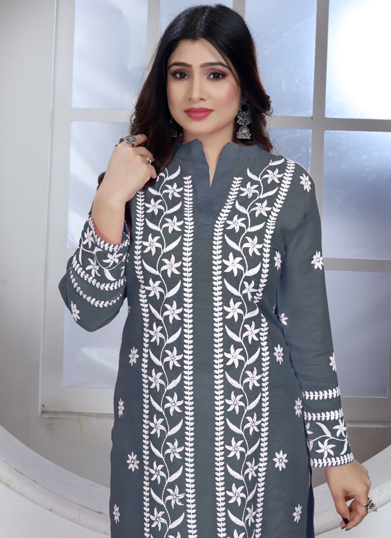 Buy Grey Rayon Chikankari Work Casual Wear Readymade Kurti With Pant ...