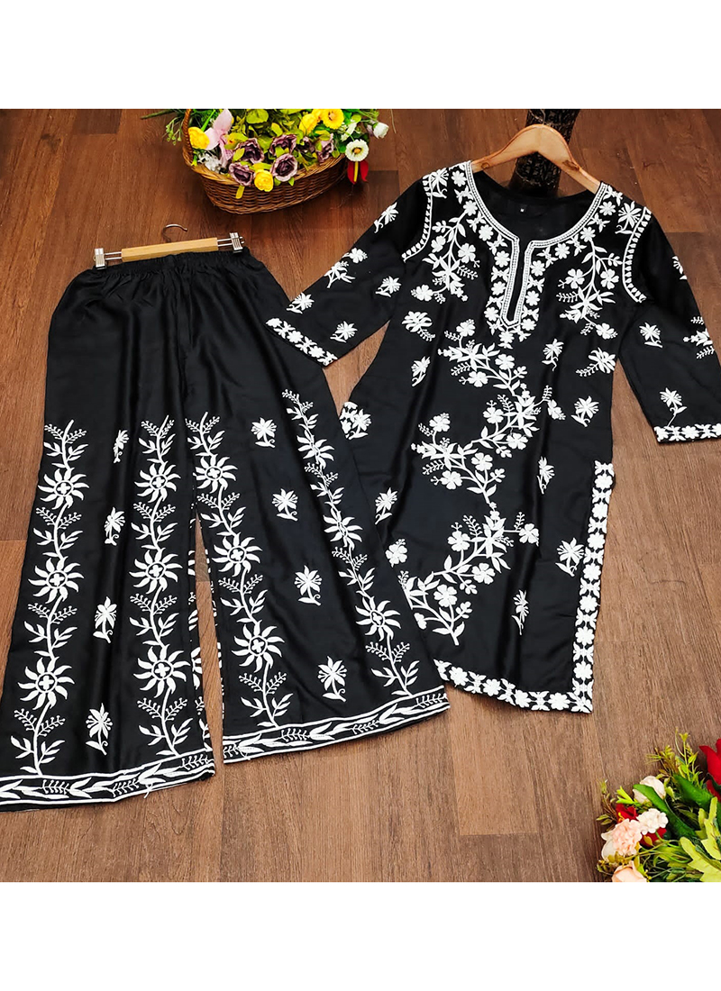 Buy Black Rayon Embroidery Work Festival Wear Readymade Kurti With ...
