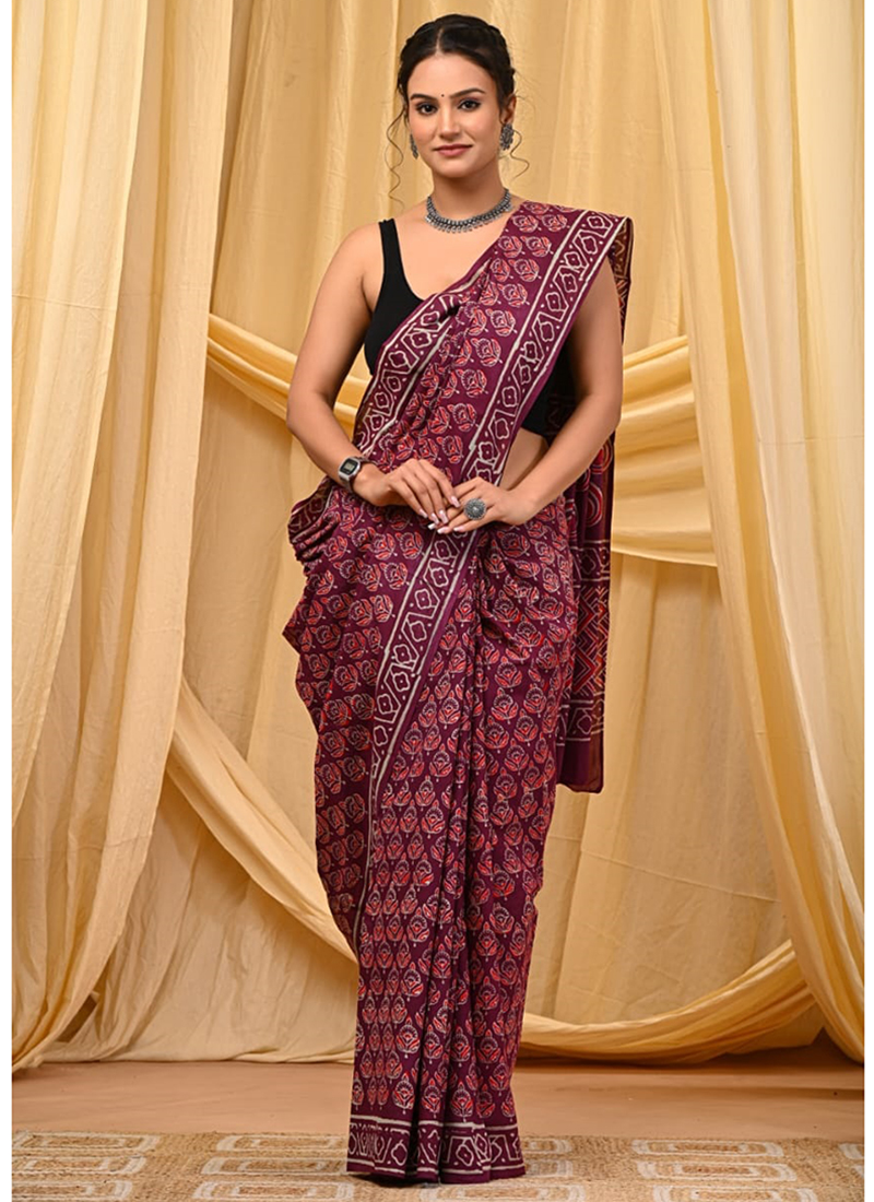 Buy Maroon Hand Block Printed Cotton Mul Pure Floral Print Daily Wear ...