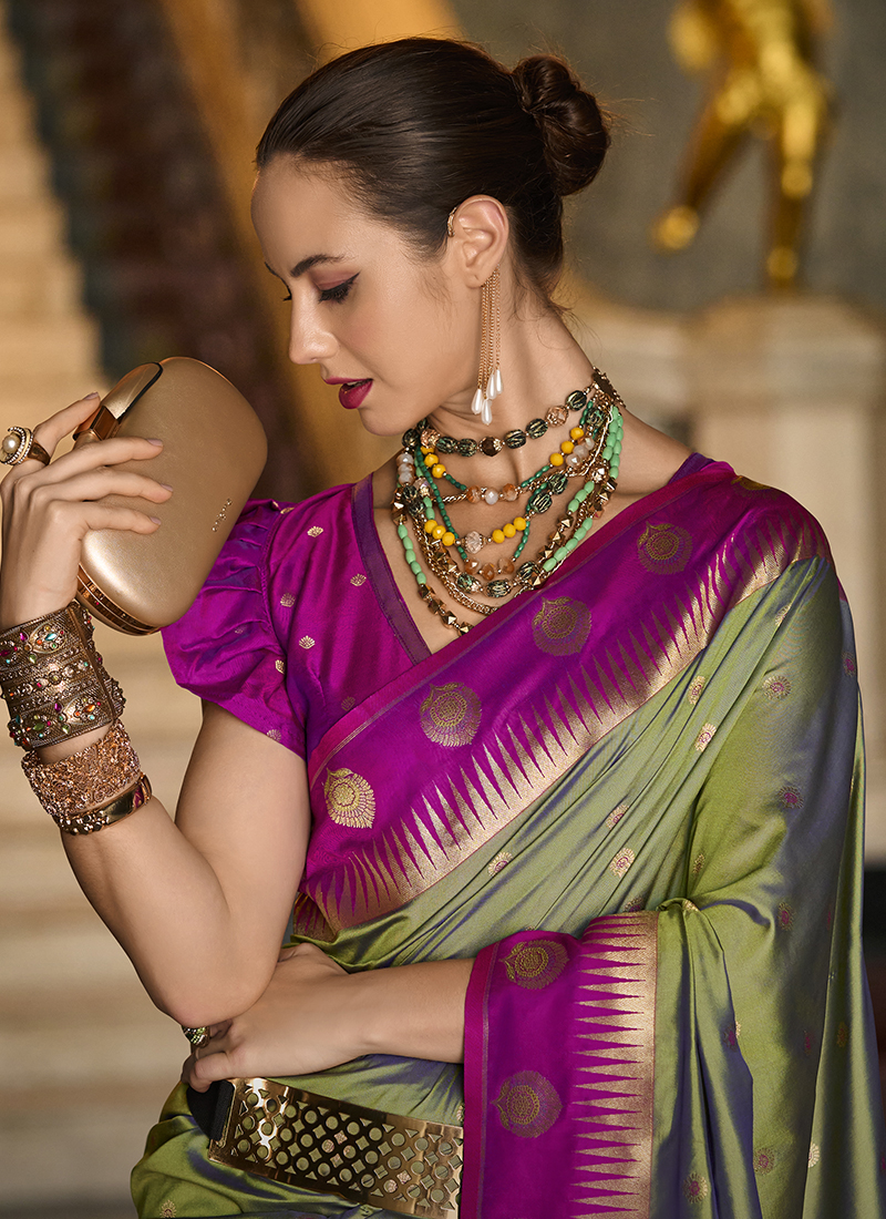 Buy Mehendi Soft Silk Contrast Weaving Ceremonial Wear Saree Online ...