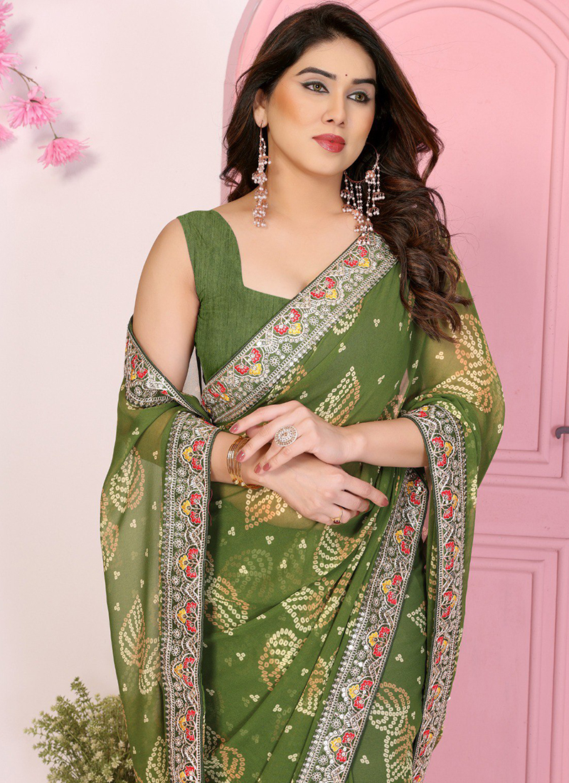 Buy Mehendi Georgette Bhandani Work Festival Wear Saree Online From ...