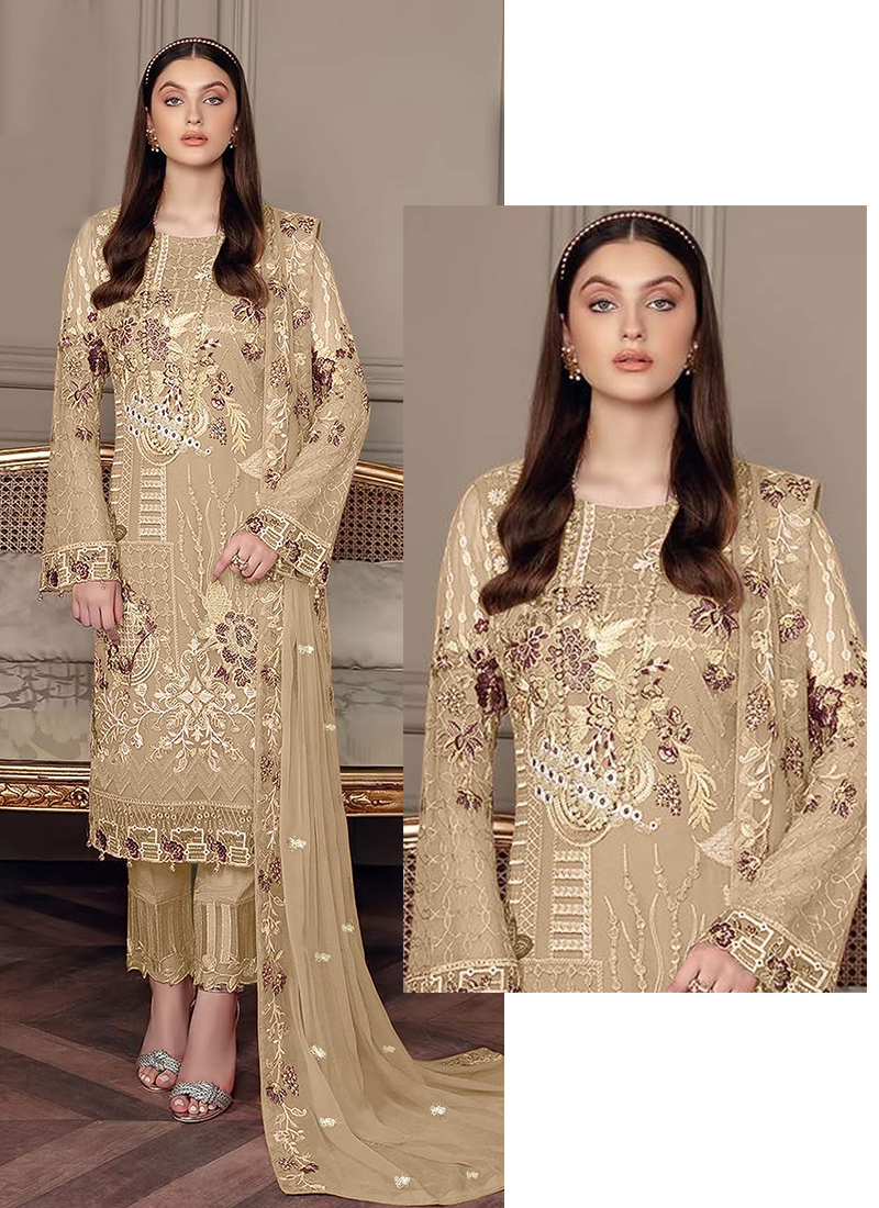 Buy Beige Georgette Embroidery Work Eid Wear Pakistani Suit Online From ...