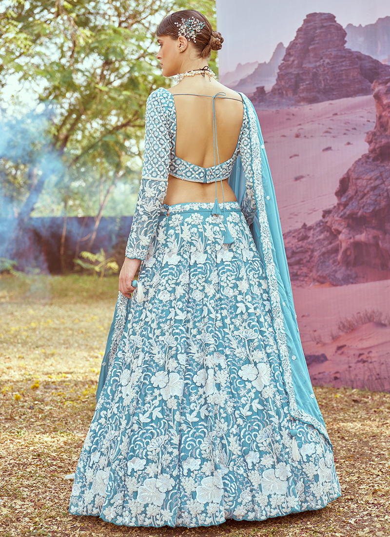 Buy Turquoise Blue Poly Georgette Stone Work Wedding Wear Lehenga Choli ...