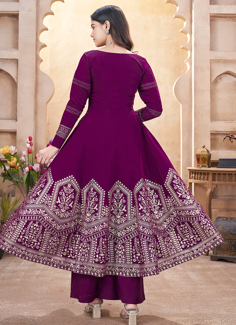 Buy Purple Roman Silk Mirror Work Ceremonial Wear Readymade Anarkali ...